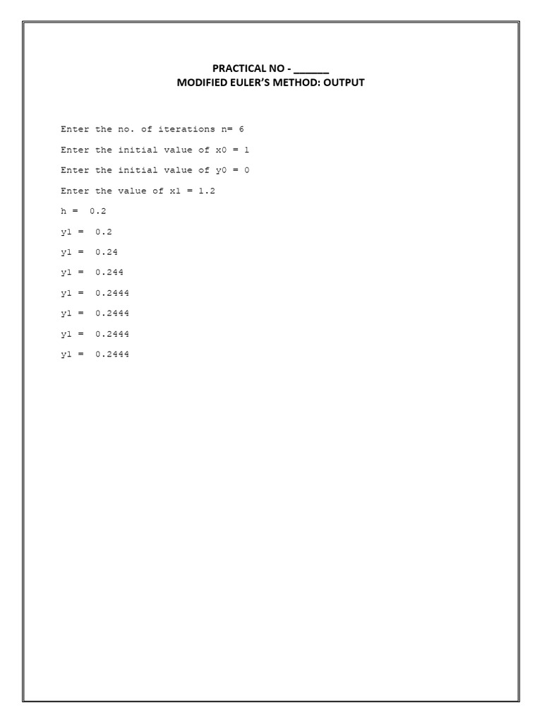Modified Euler Method Output Results | PDF