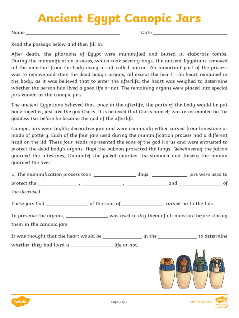 Canopic Jars Reading Comprehension Activity Higher Ability | PDF ...