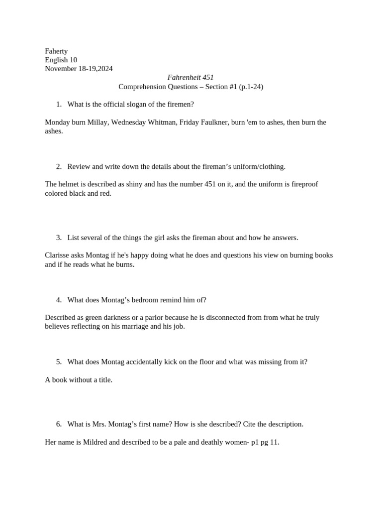 Faherty Fahrenheit 451 Section 1 Questions | PDF