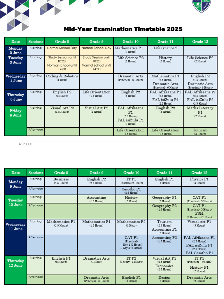 Mid Year Exam Timetable 2025 Final 2 | PDF