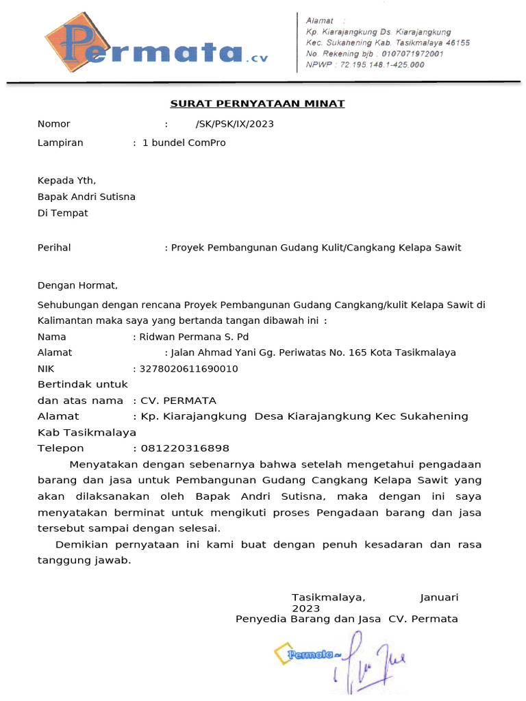 Surat Minat Permata | PDF