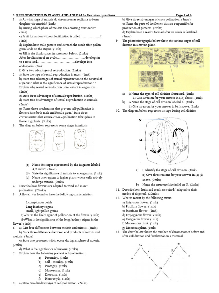 Plant and Animal Reproduction Revision Questions | PDF | Sexual ...