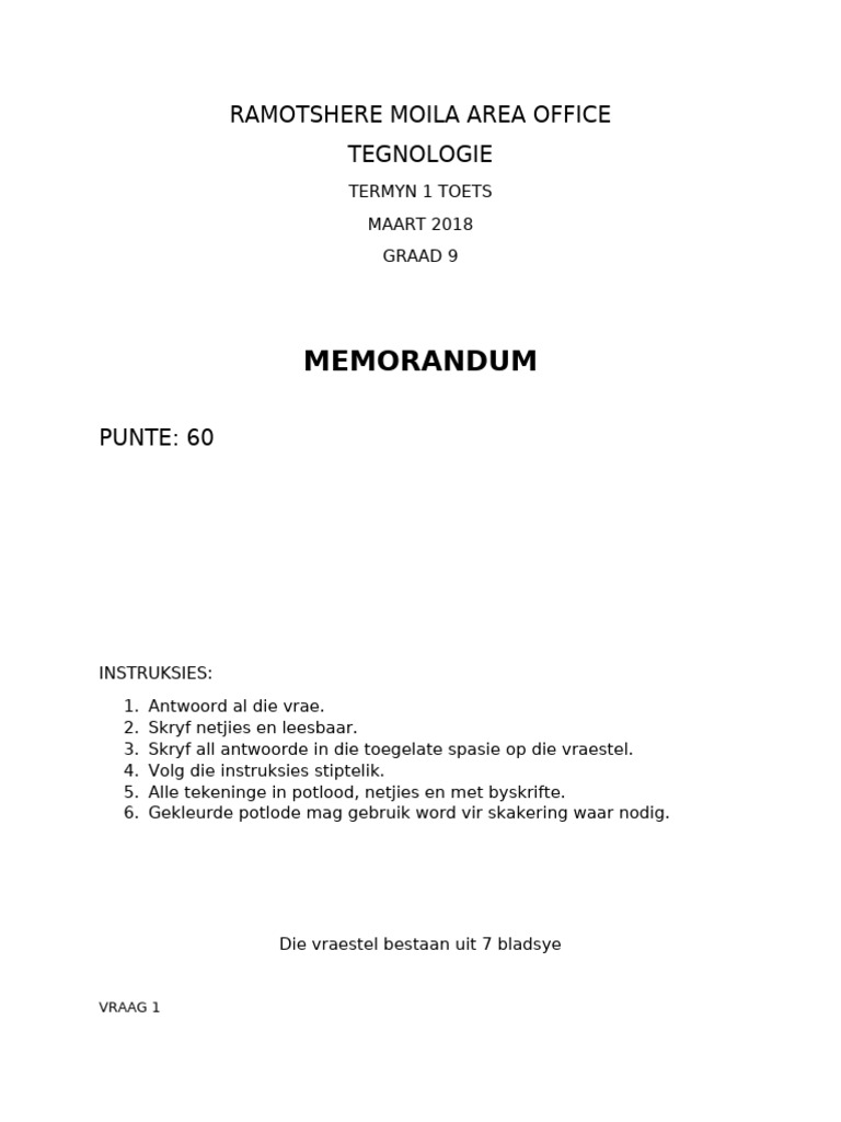 Technology Grade 9 Term 1 Test March 2018 Memo Afr 1 | PDF