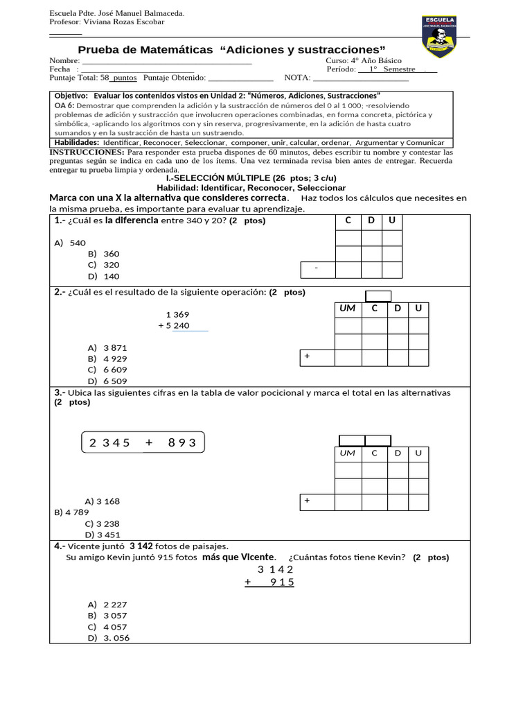 Prueba 3 Sumas y Restas Año 2025 | PDF | Sustracción | Números