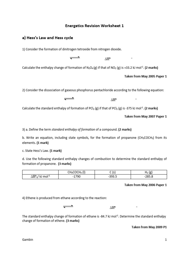 Energetics Worksheet Revision 1 - Hess - S Cycle - Calorimetry | PDF ...