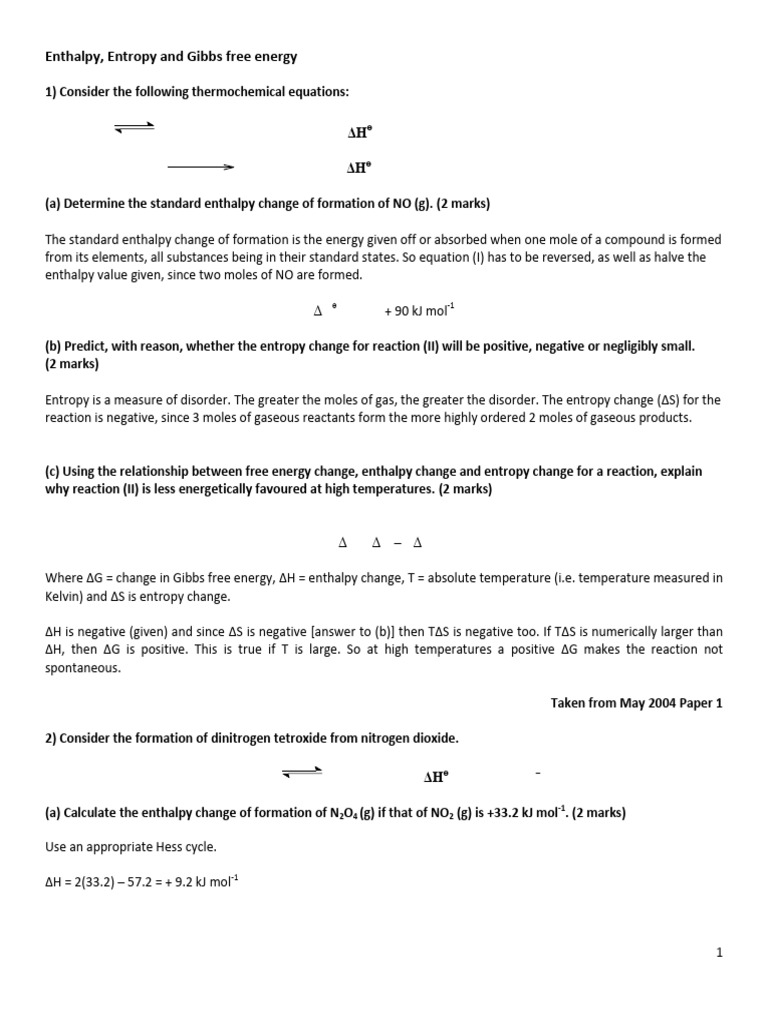 Enthalpy Entropy Gibbs - Answers | PDF | Gibbs Free Energy | Enthalpy