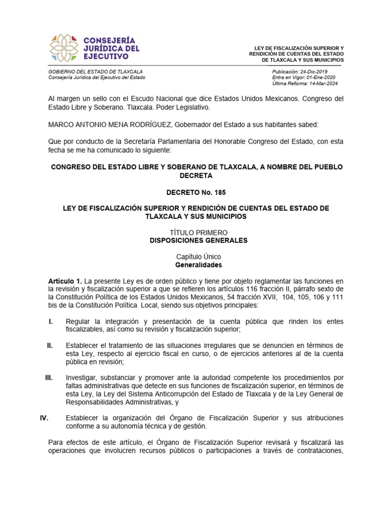 Ley de Fiscalizacion Superior y Rendicion de Cuentas Del Estado de Tlaxcala 14-03-2024 | PDF ...