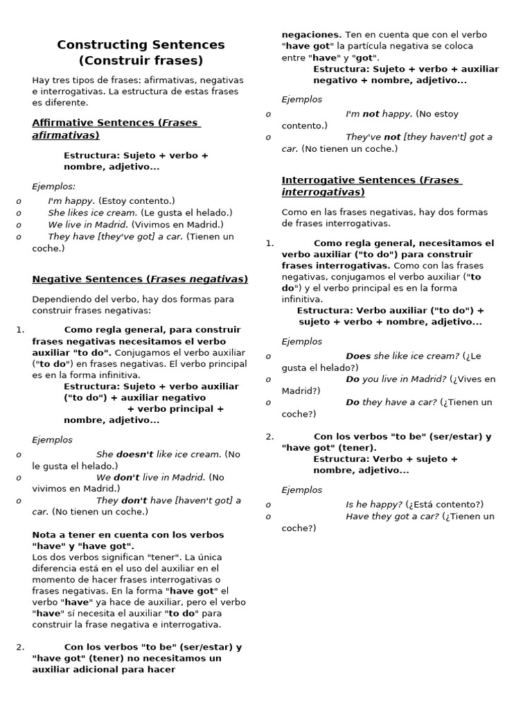 INGLÉS. - Estructura de La Oracion II | PDF | Verbo | Asunto (gramática)