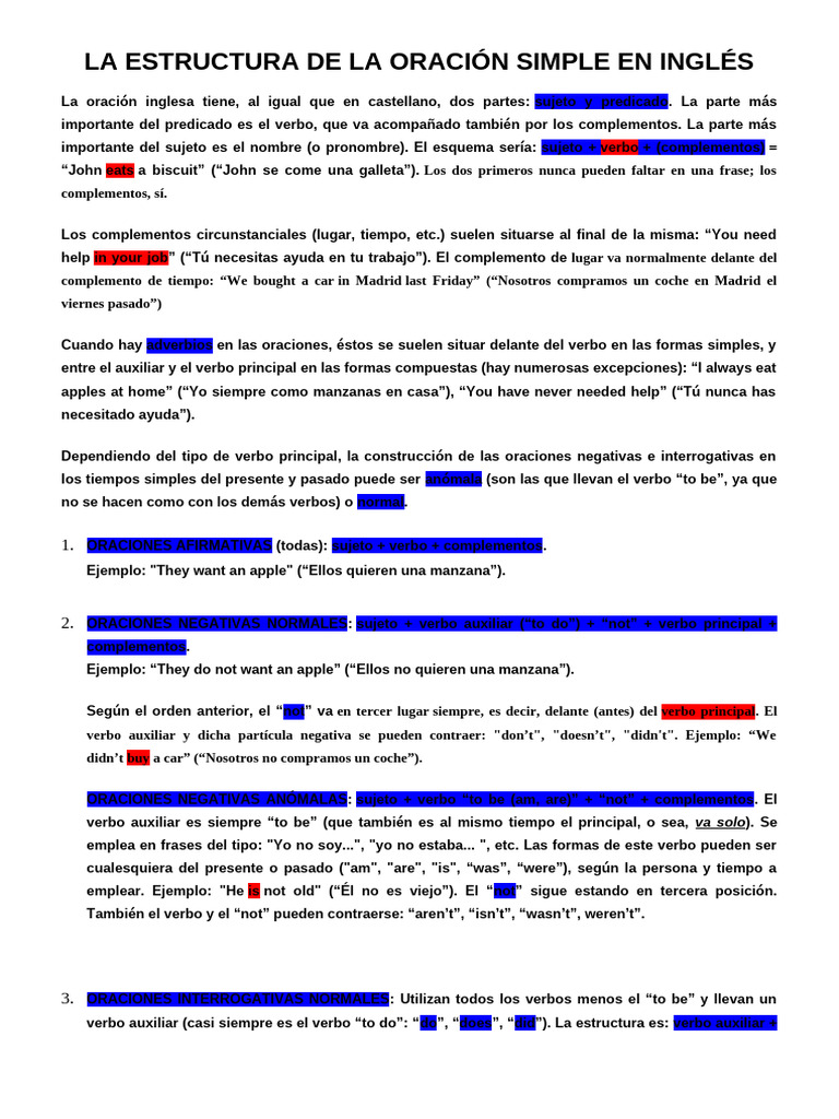 INGLÉS. - Estructura de La Oracion I | PDF | Verbo | Asunto (gramática)