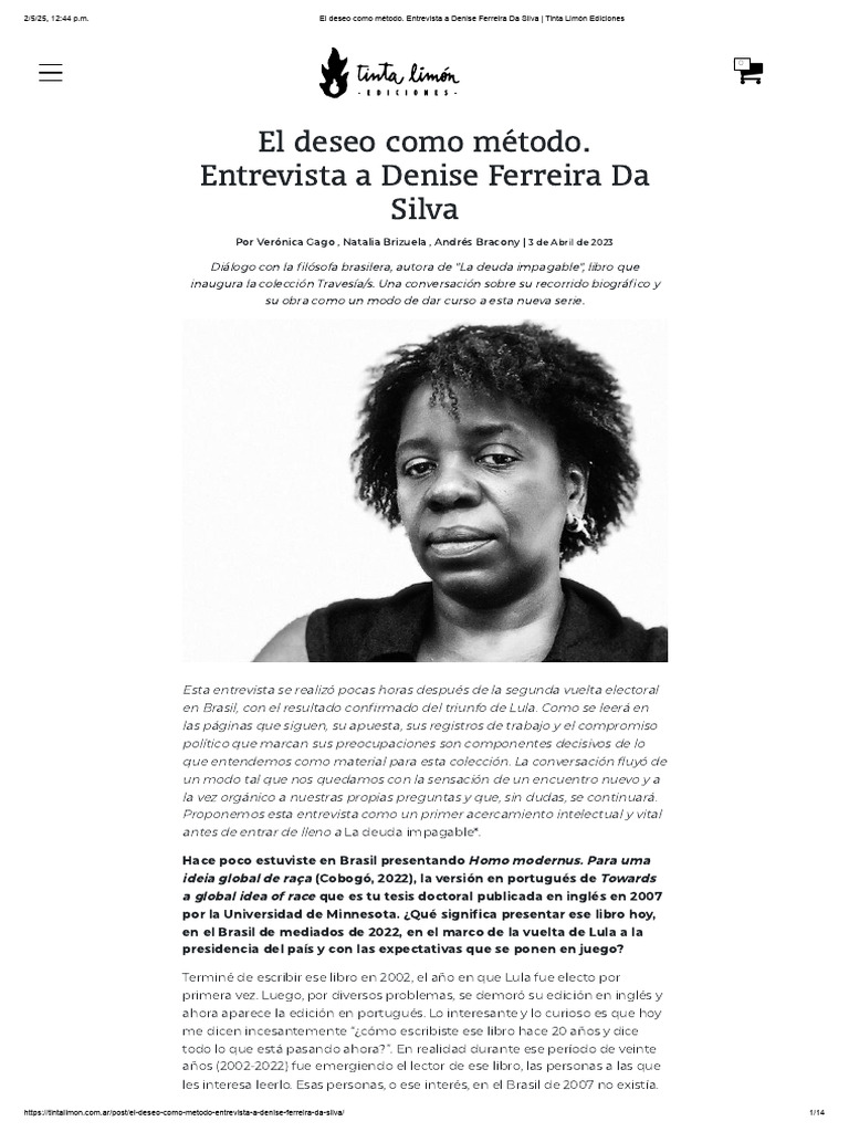 2023 El Deseo Como Método. Entrevista A Denise Ferreira Da Silva ...