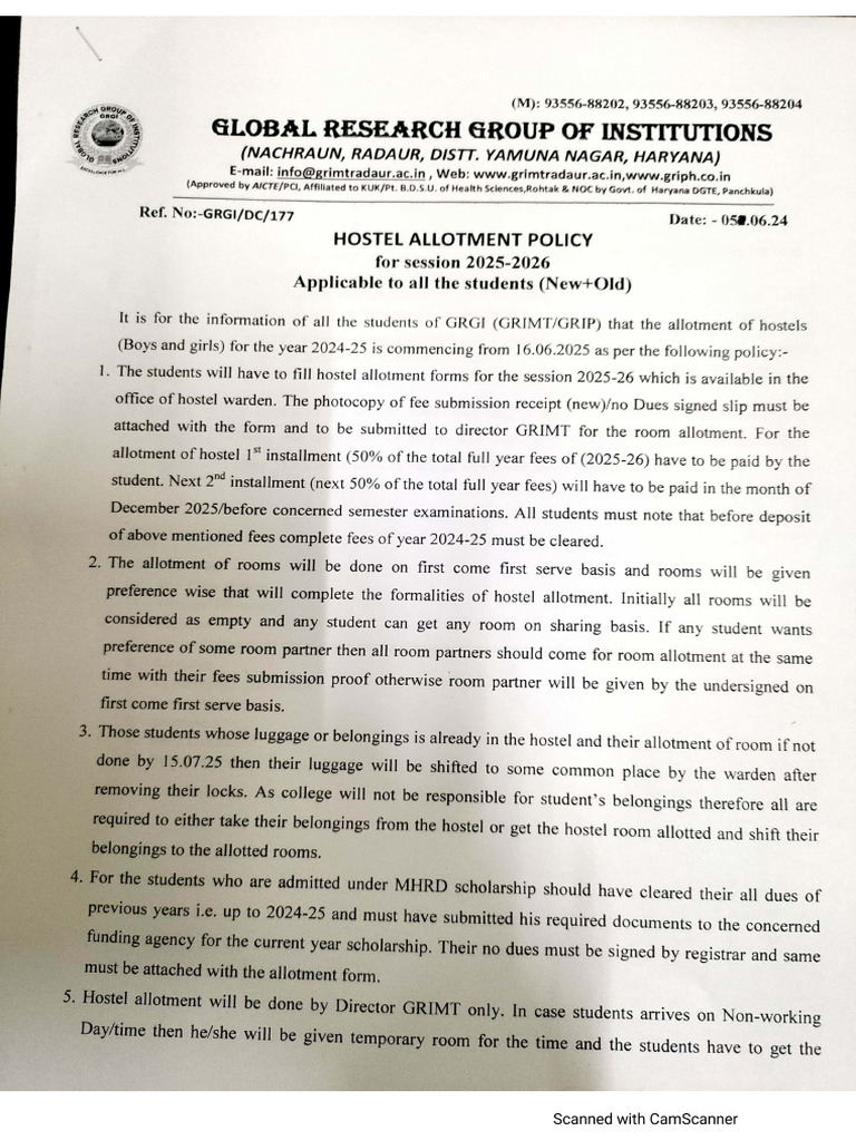 Hostel Allotment Policy 2025 | PDF