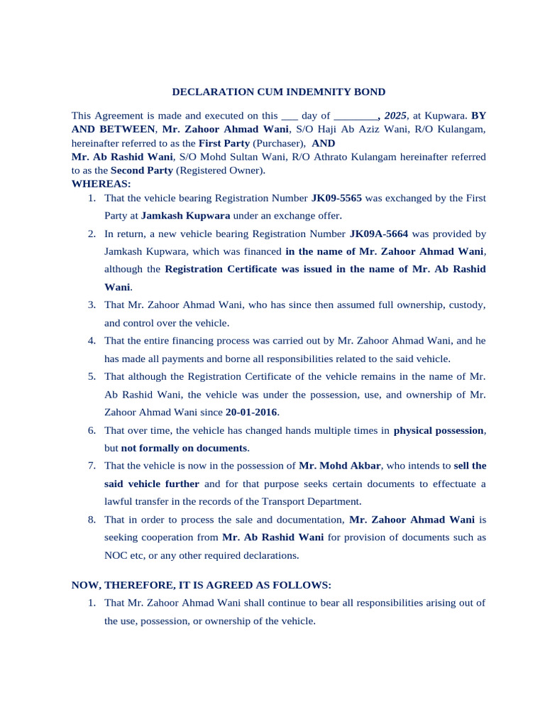 Declaration Cum Indemnity Bond | PDF | Private Law | Common Law