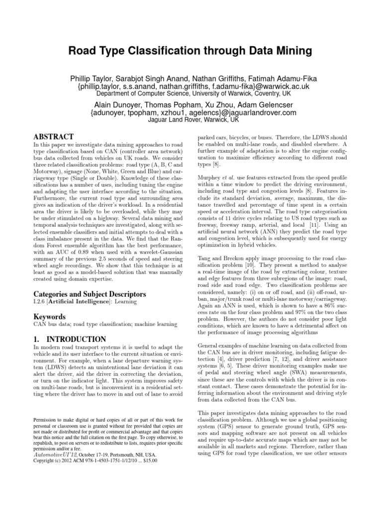 2012 - Road Type Classification Through Data Mining - RCD - Autoui-2012 | PDF | Receiver ...