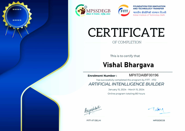 MP FITT IITD Artificial Intelligence Builder Certificate - 672 | PDF