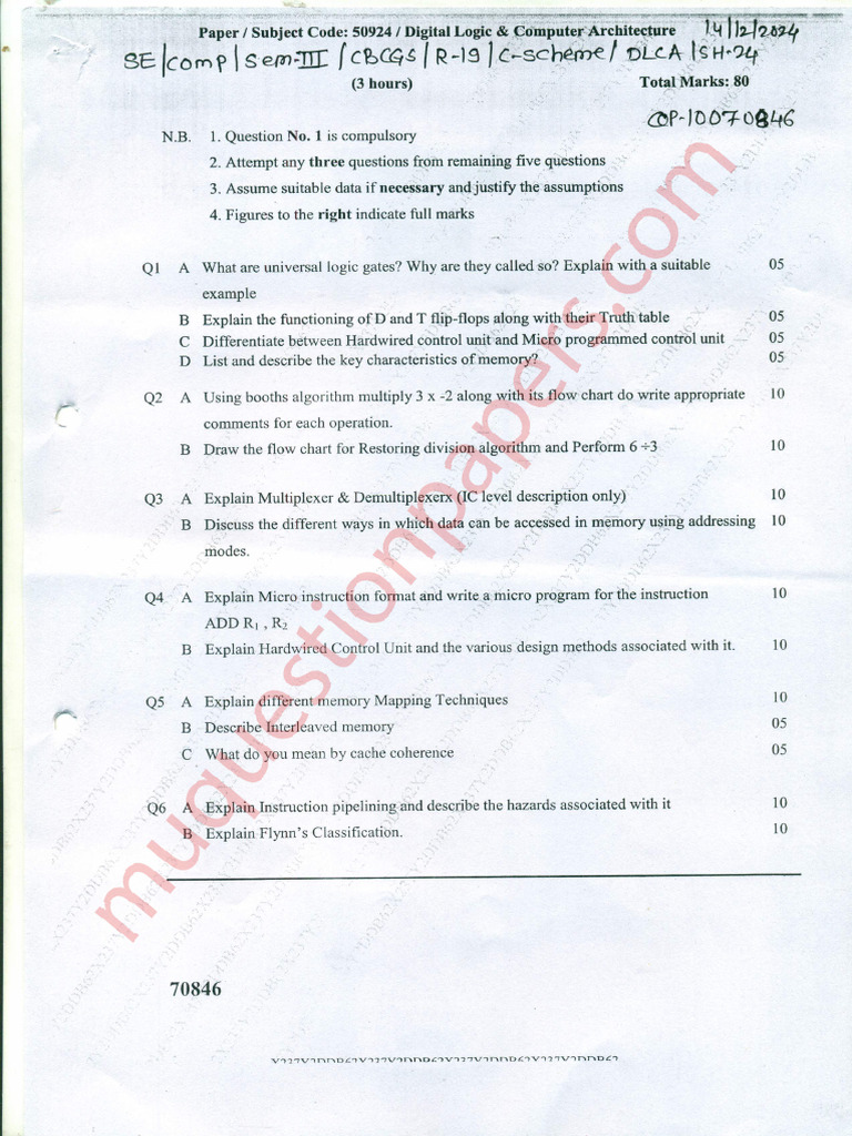Be Computer Engineering Semester 3 2024 December Digital Logic Computer Architecturerev 2019 C ...