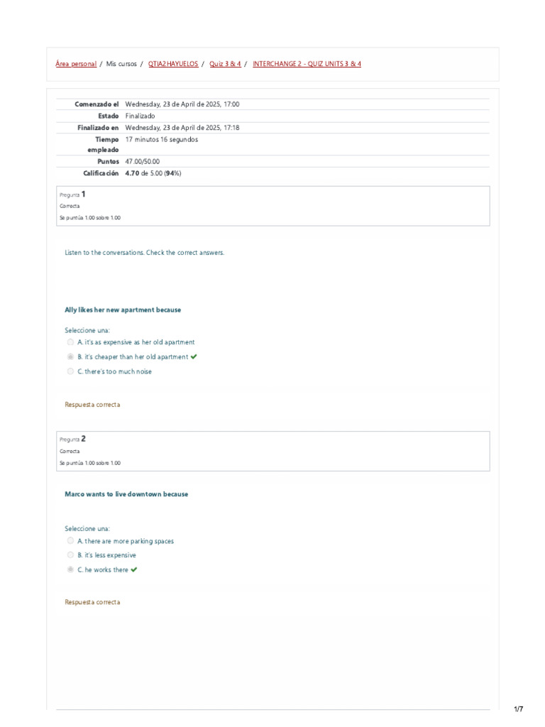 INTERCHANGE 2 - QUIZ UNITS 3 & 4 - Revisión Del Intento | PDF