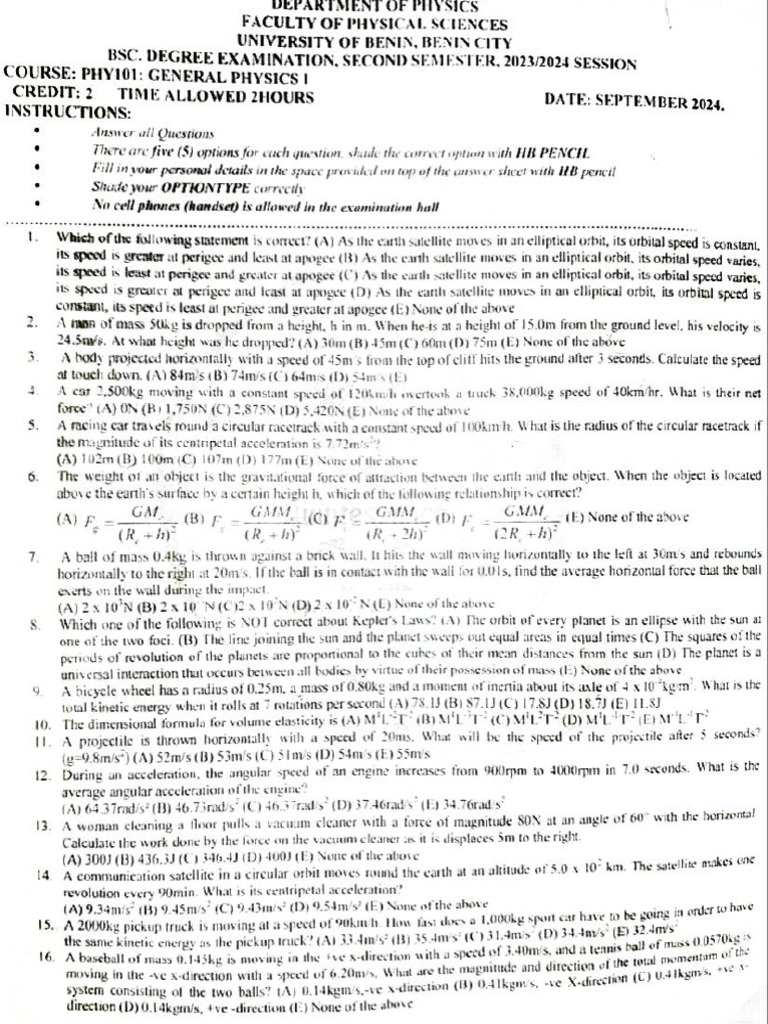 Phy 101 Past Questions & Answers | PDF