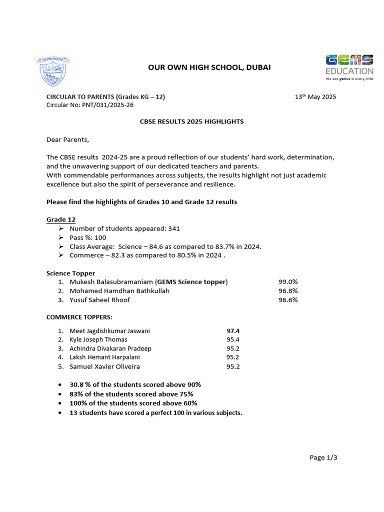 Circular - CBSE Results 2025 Highlights | PDF | Science