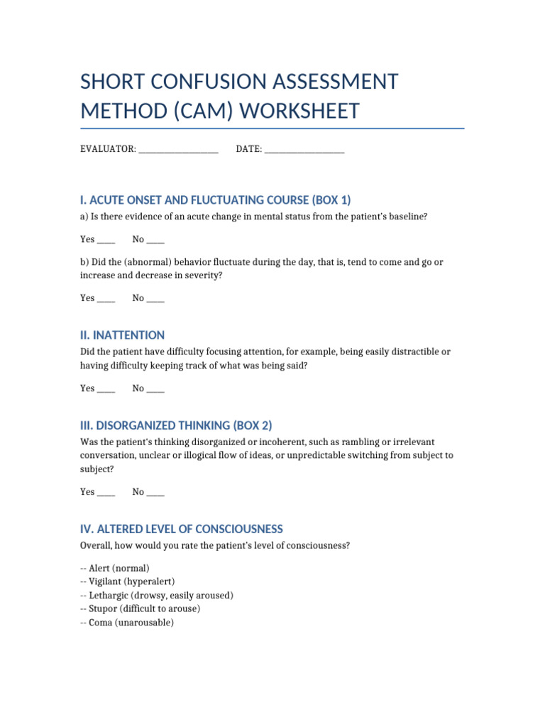 CAM Confusion Assessment Worksheet | PDF