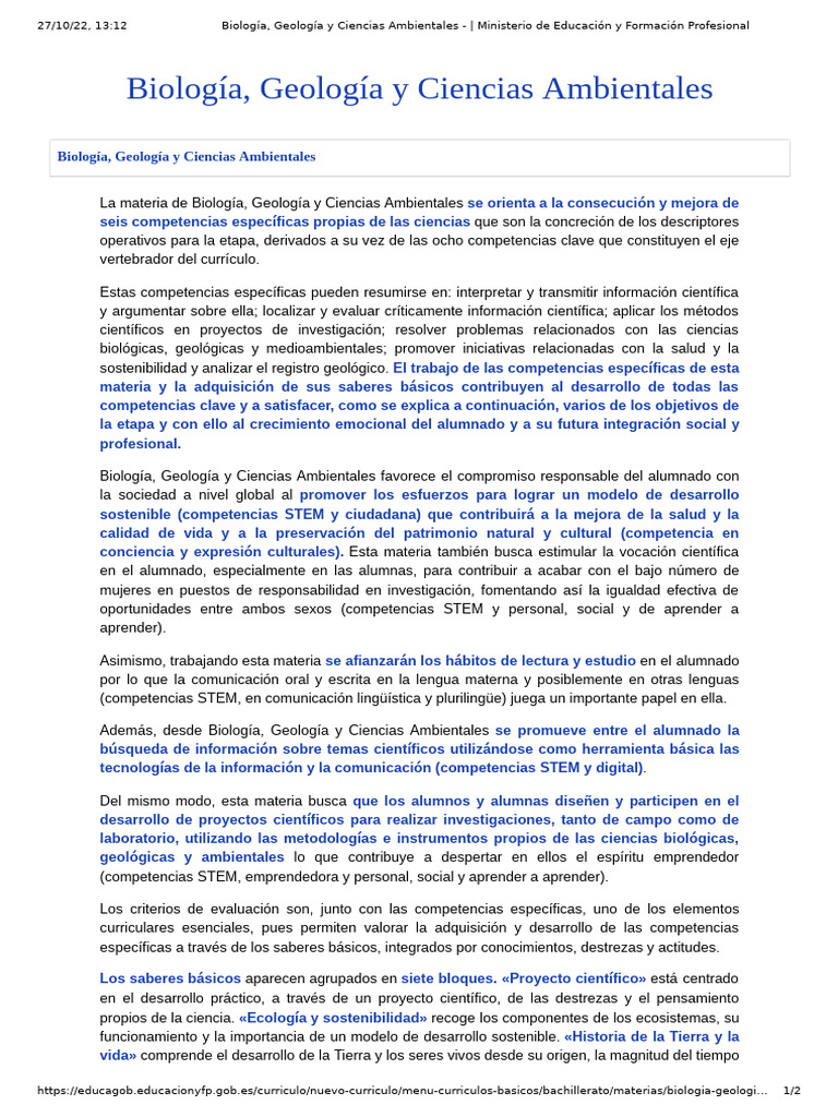 1º Biología, Geología y Ciencias Ambientales - Desarrollo de La Materia | PDF | Entorno natural ...