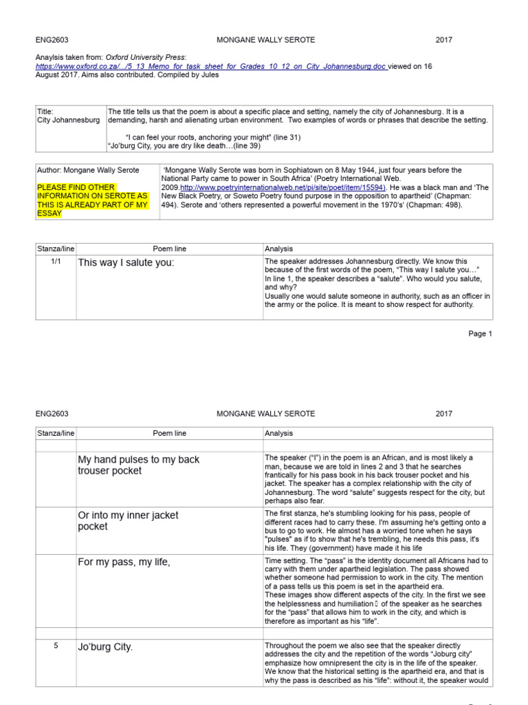Analysis of "City Johannesburg" Poem | PDF | Poetry | Breathing