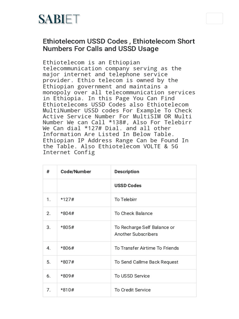Ethiotelecom USSD Codes - Sabiet Technology | PDF | 4 G | Telecommunications
