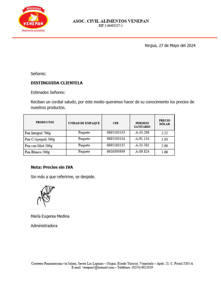 $ Carta de Precios CLIENTELA PANIFICACION | PDF