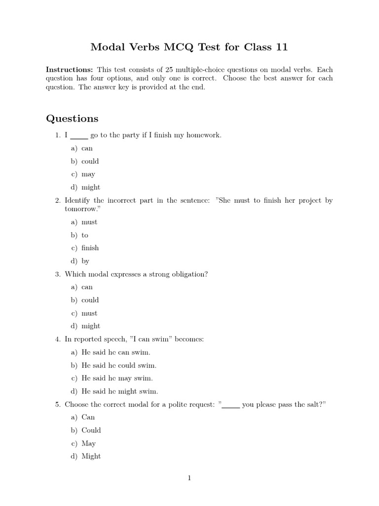 Modal Verbs MCQ Test For Class 11: Instructions | PDF | Multiple Choice ...