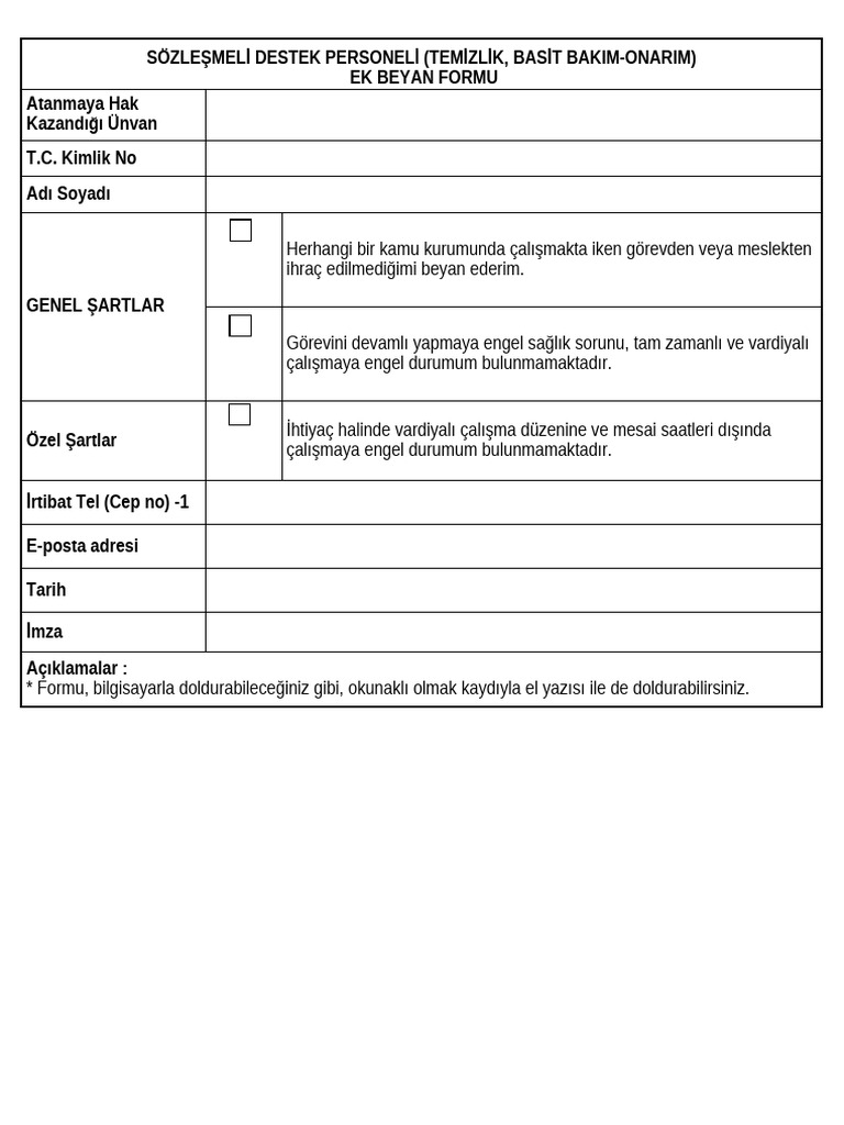 Ek Beyan Formu Destek (Temizlik, Basit Bakım Onarım) | PDF