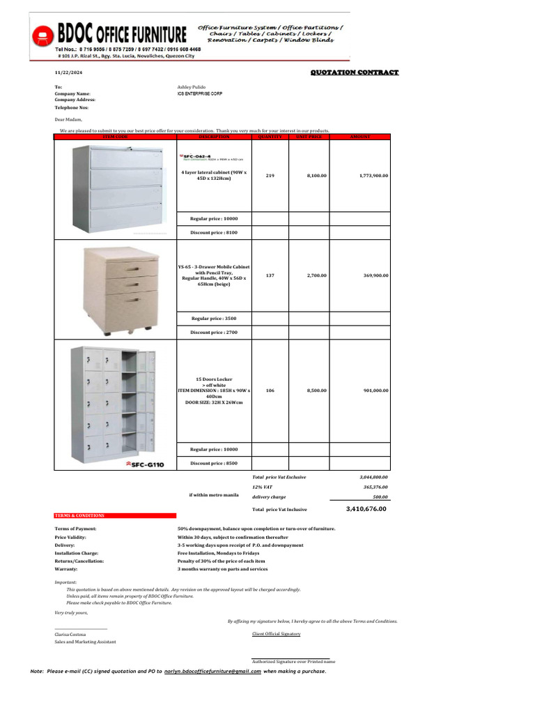 Quotation for Office Furniture Supply | PDF | Prices | Business