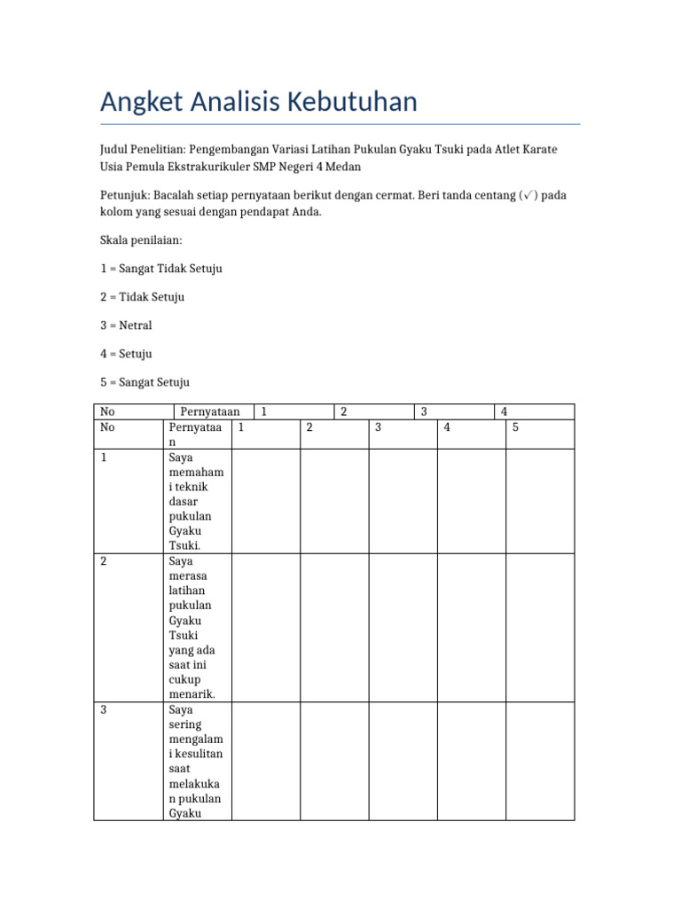 Angket Analisis Kebutuhan Gyaku Tsuki | PDF