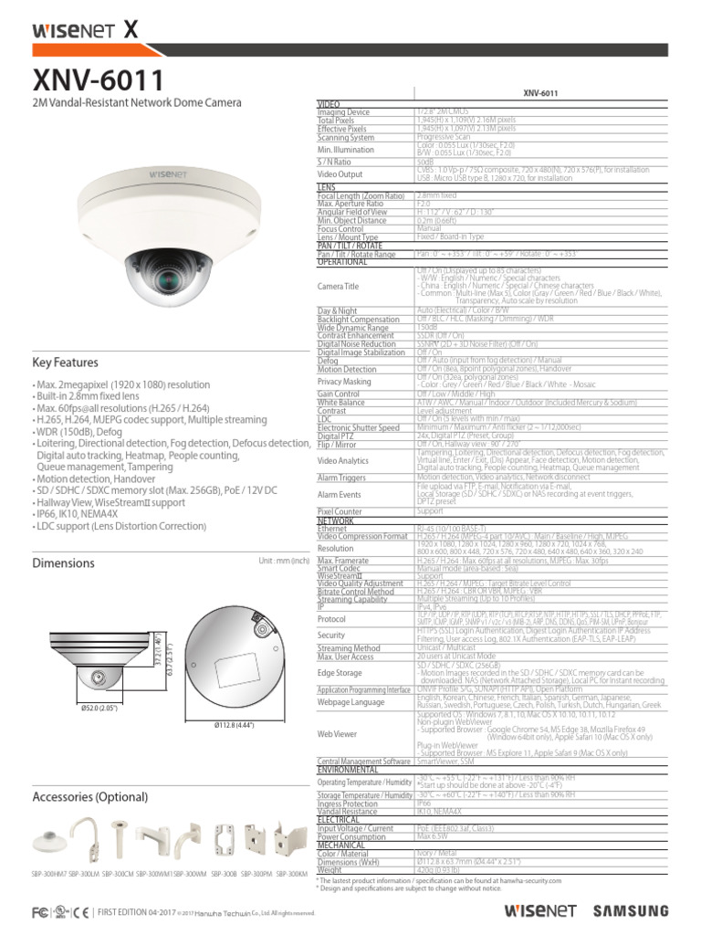 Cámara xnv-6011 - Specifications - 170728 | PDF | Pixel | Camera Lens