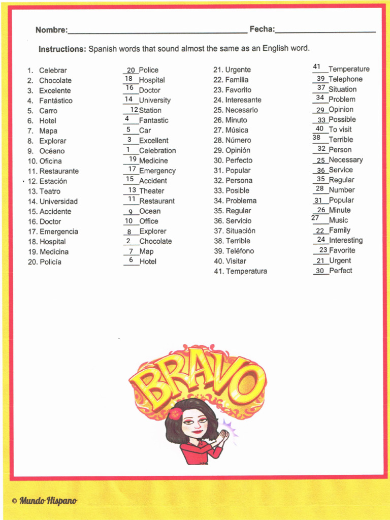 Spanish Cognates Part 1 | PDF