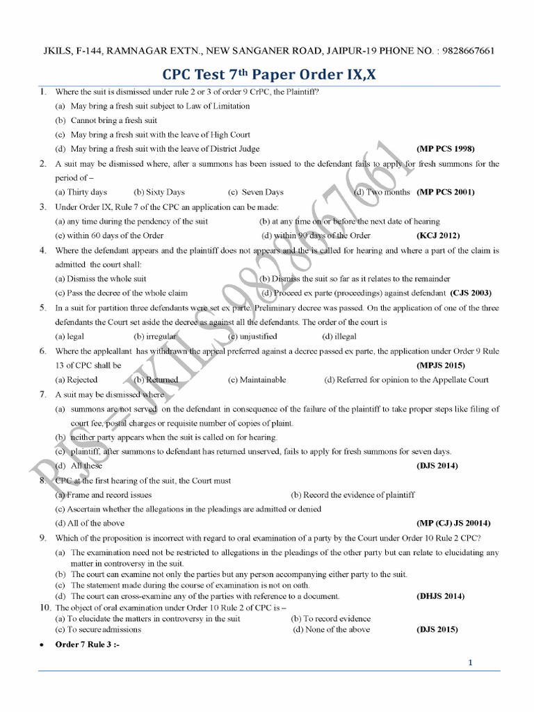 CPC Test 7th Paper Order IX, X | PDF