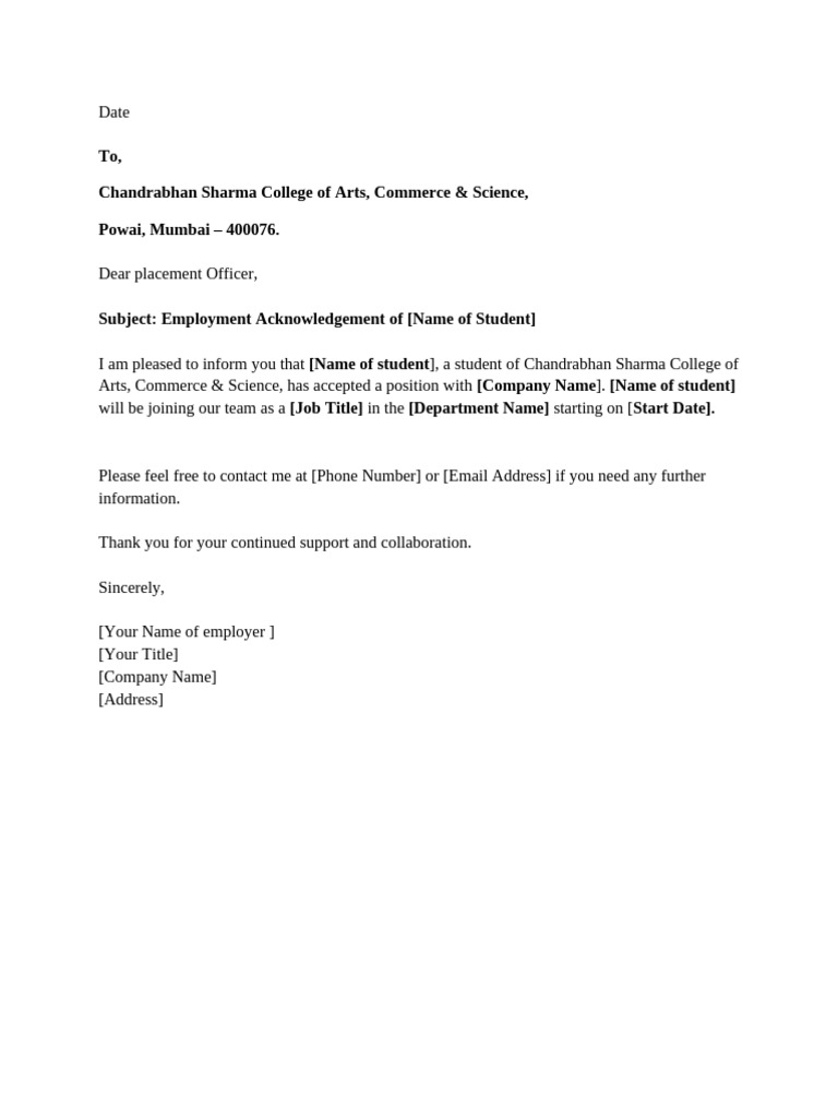 Employment Acknowledgement Letter | PDF