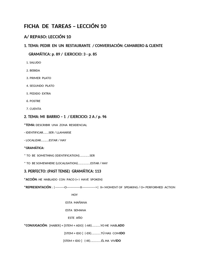 Spanish-A1-Ficha de Tareas - Lec. 10a | PDF