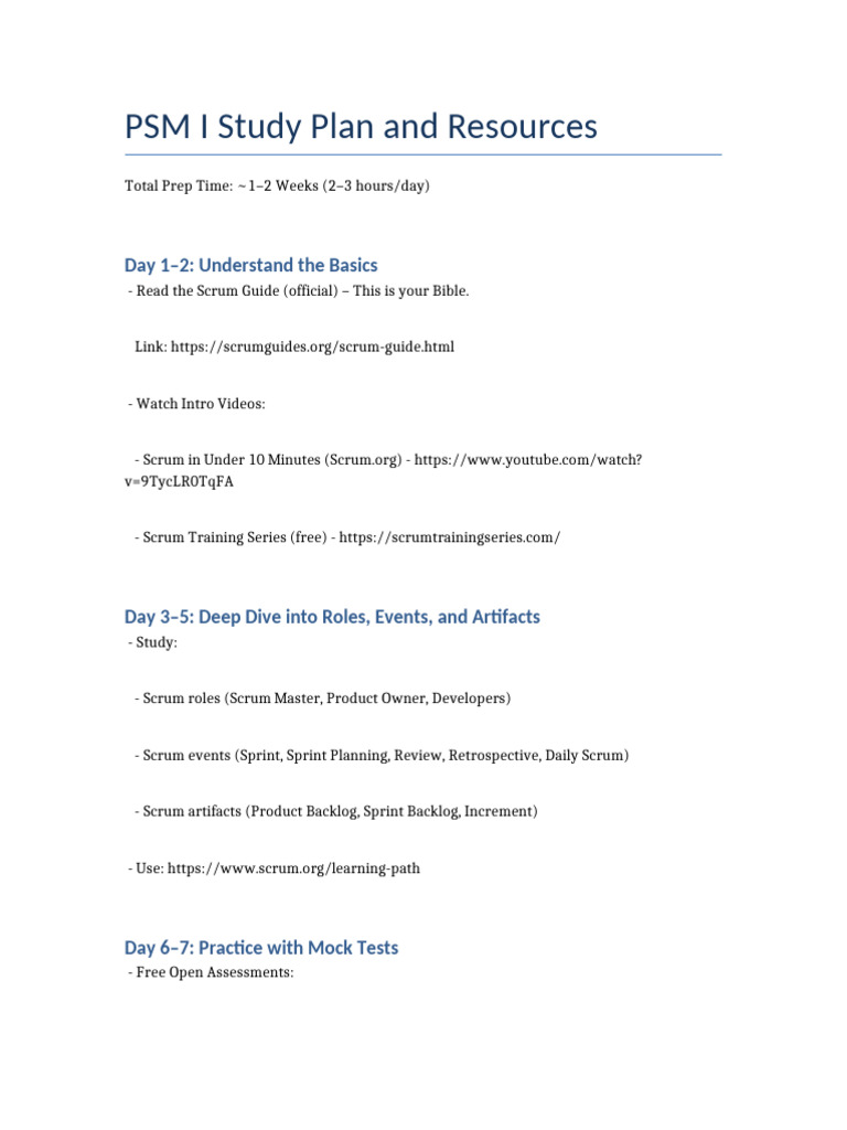 PSM I Study Plan and Resources Guide | PDF