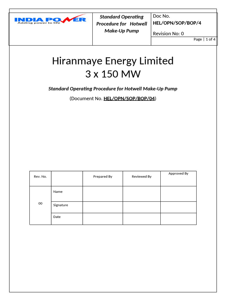 Hotwell Make-Up Pump SOP | PDF | Pump | Equipment