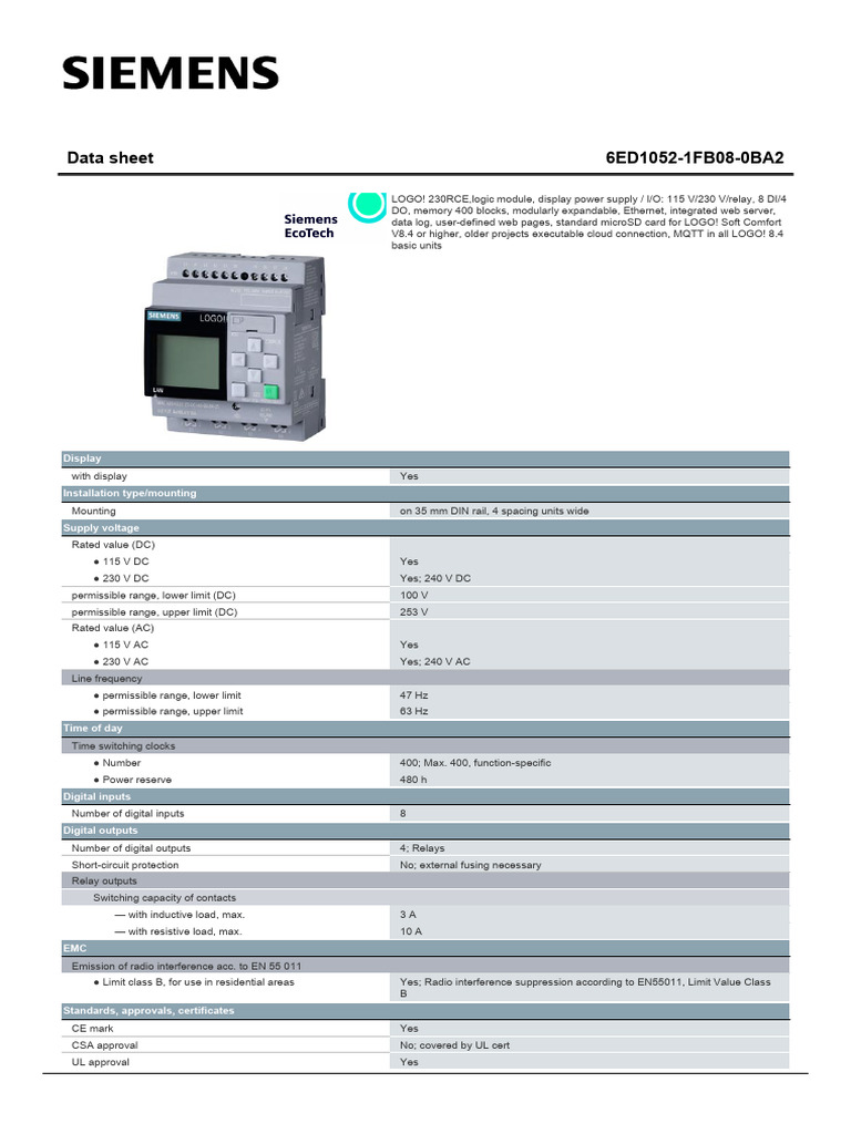 LOGO! 230RCE Module Datasheet | PDF | Alternating Current | Relay