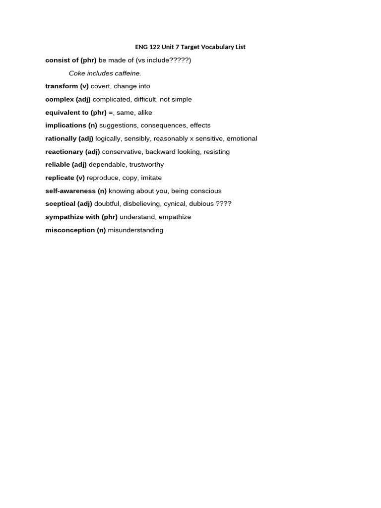 W6L8FWBW ENG 122 Unit 7 Target Vocabulary List | PDF