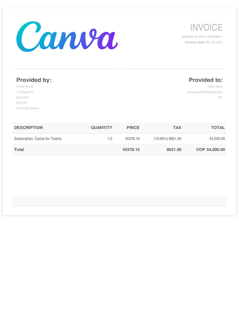 Canva Invoice for Subscription 054000.00 | PDF