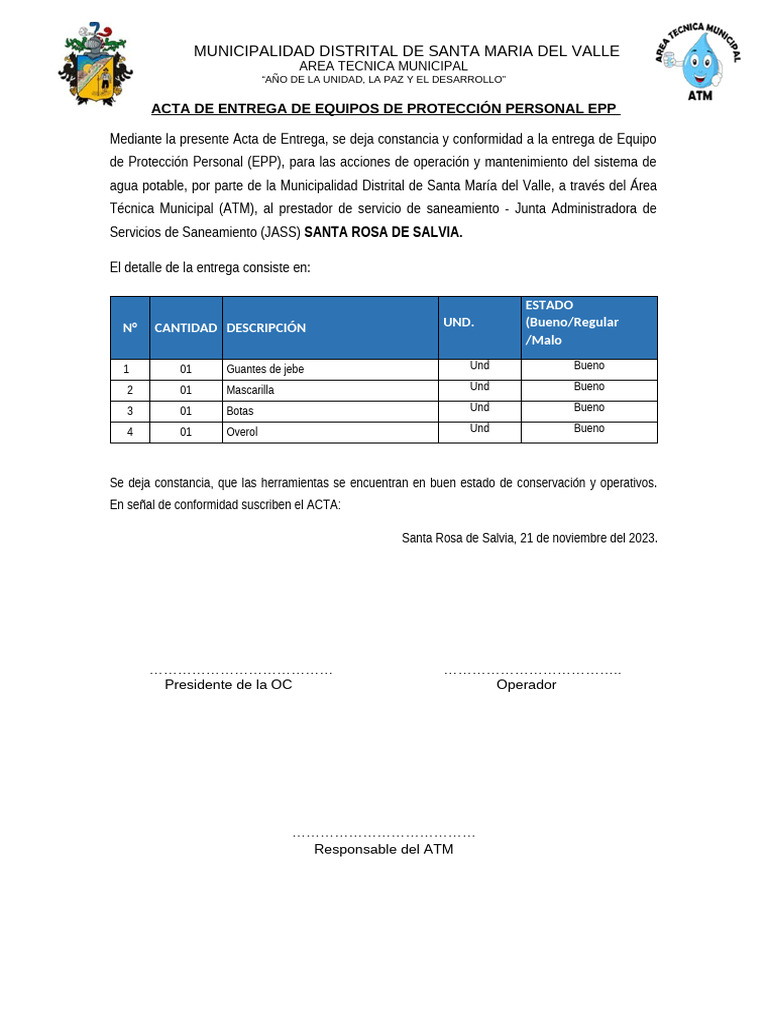 Acta de Entrega de Equipos de Protección Personal Epp Salvia | PDF