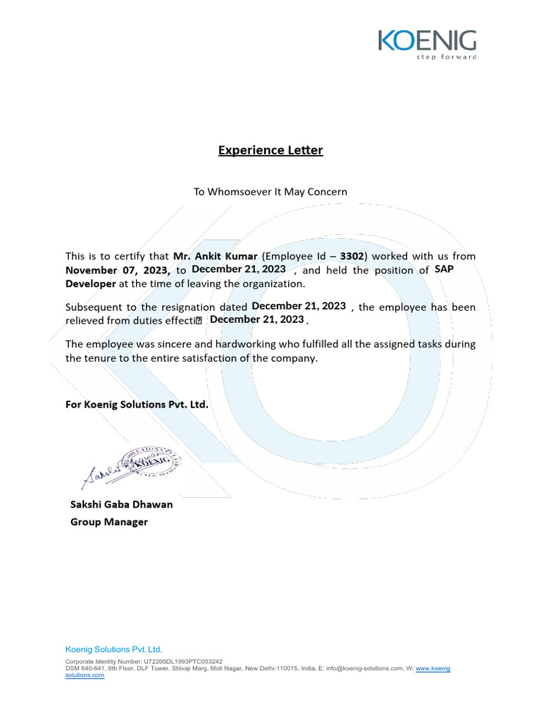 Experience Letter - Ankit Kumar Koe | PDF
