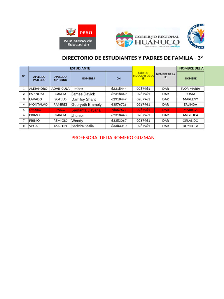 DIRECTORIO DE ESTUDIANTES DEL 3° GRADO - XLSX Modificada | PDF