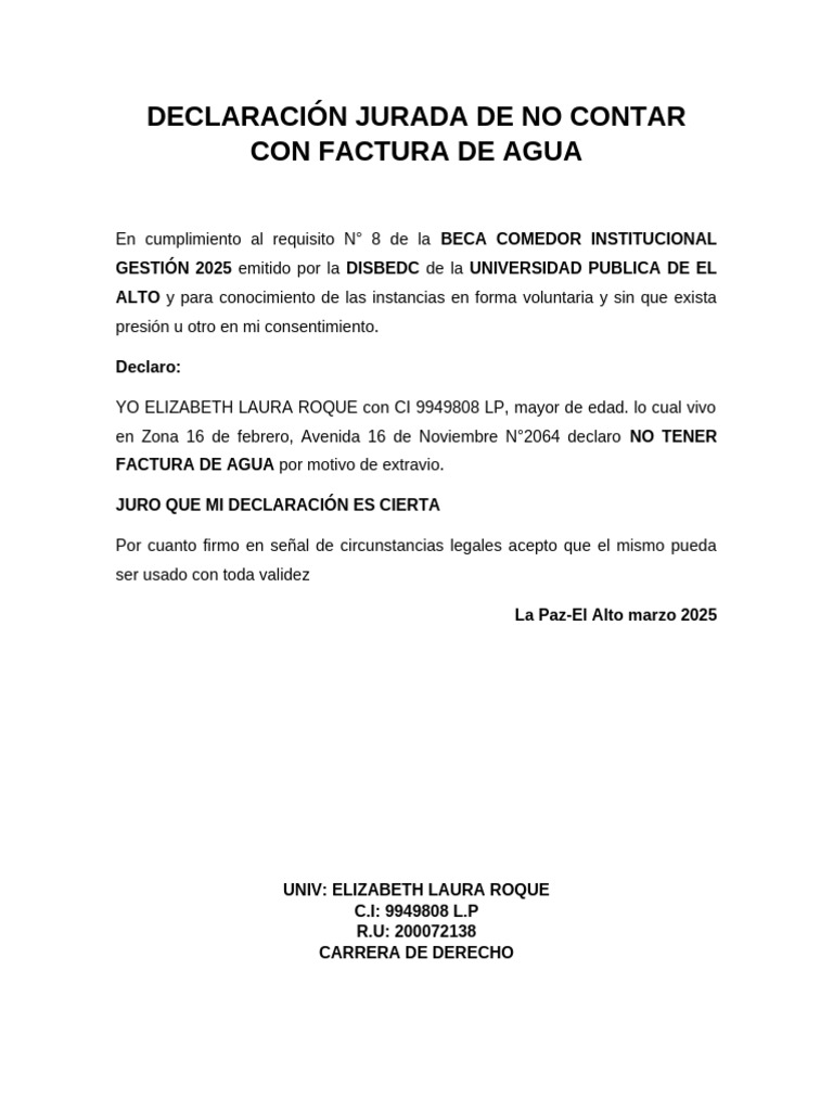 Declaración Jurada de No Contar Con Factura de Agua y Luz | PDF