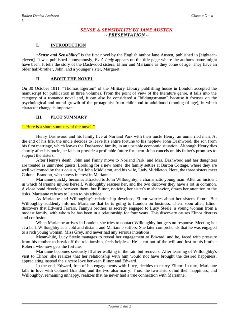 Summary of Sense and Sensibility | PDF | Sense And Sensibility | Elinor ...