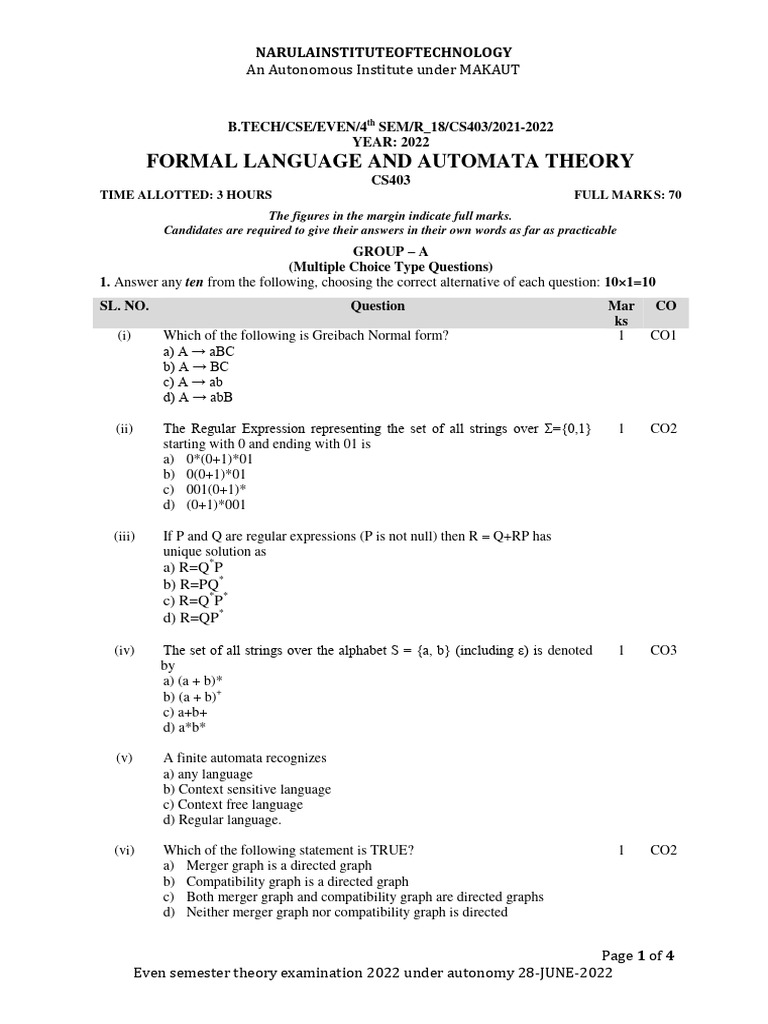 Formal Language And Automata Theory 2022 Cse Pdf Automata Theory Theoretical Computer Science