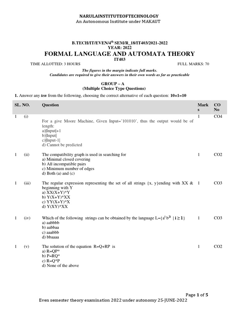 Formal Language and Automata Theory-2022-It | PDF | Automata Theory | Mathematical Logic