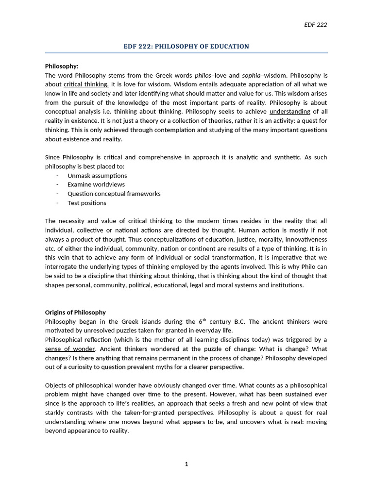 EDF 222 - Philosophy of Education | PDF | Metaphysics | Philosophy Of Education