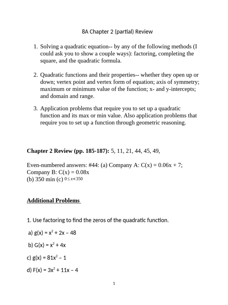 Ch. 2 Review With Answers | PDF | Quadratic Equation | Elementary ...